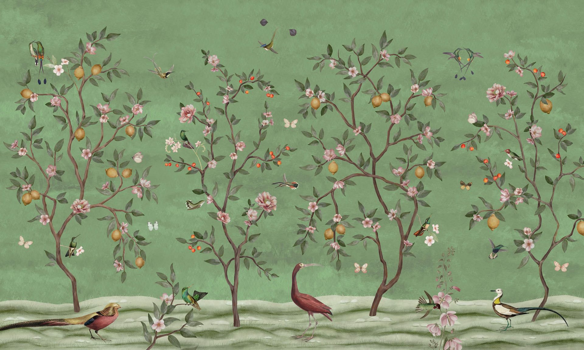Lemon Tree Chinoiserie - Green - Wallpaper