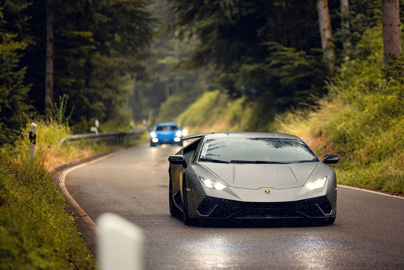 Wallpaper Mural - Matte gray Lamborghini in nature - Photo Wallpaper